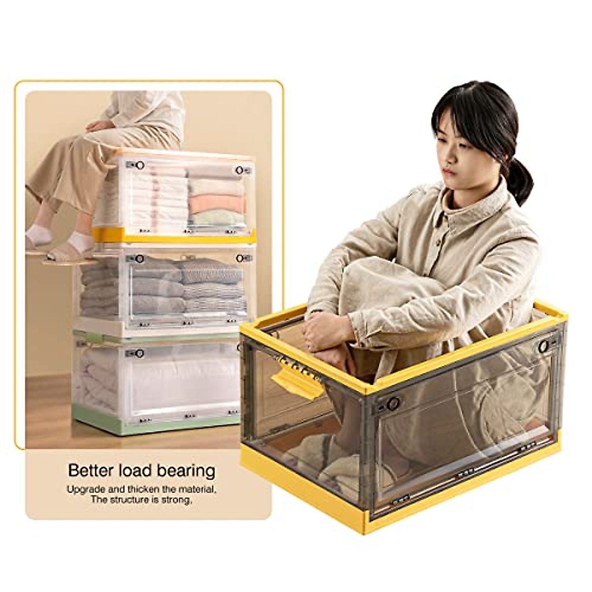 Yhxdev Large Closet Organizers and Storage, 52L Folding Storage Box, Stackable Plastic Storage Bins with Double Doors and Lids, Sterlite Containers with Wheels (Blue)