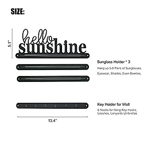 Dancenser Decorative Sunglass Organizer Wall Mounted, Metal Sunglasses Holder for Multiple Glasses, Sunglass Storage, Hello Sunshine Modern Eyeglasses Display, Key Holder for Wall with 6 Hooks, Black