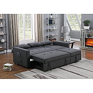 BOWERY HILL Dark Gray Linen Fabric 3-in-1 Convertible Sleeper Sofa with Side Pocket and 3 Pillows