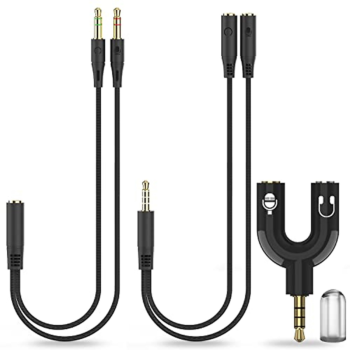 sovunis Headphone Splitter Adapter, 3-in-1 Pack 3.5mm Male to 2 Port 3.5mm Female & 3.5mm Female to 2 Port 3.5mm Male Aux Stereo Y Jack Cable for PS4, Xbox, Phone, PC, Tablet, Laptop, Gaming Headset