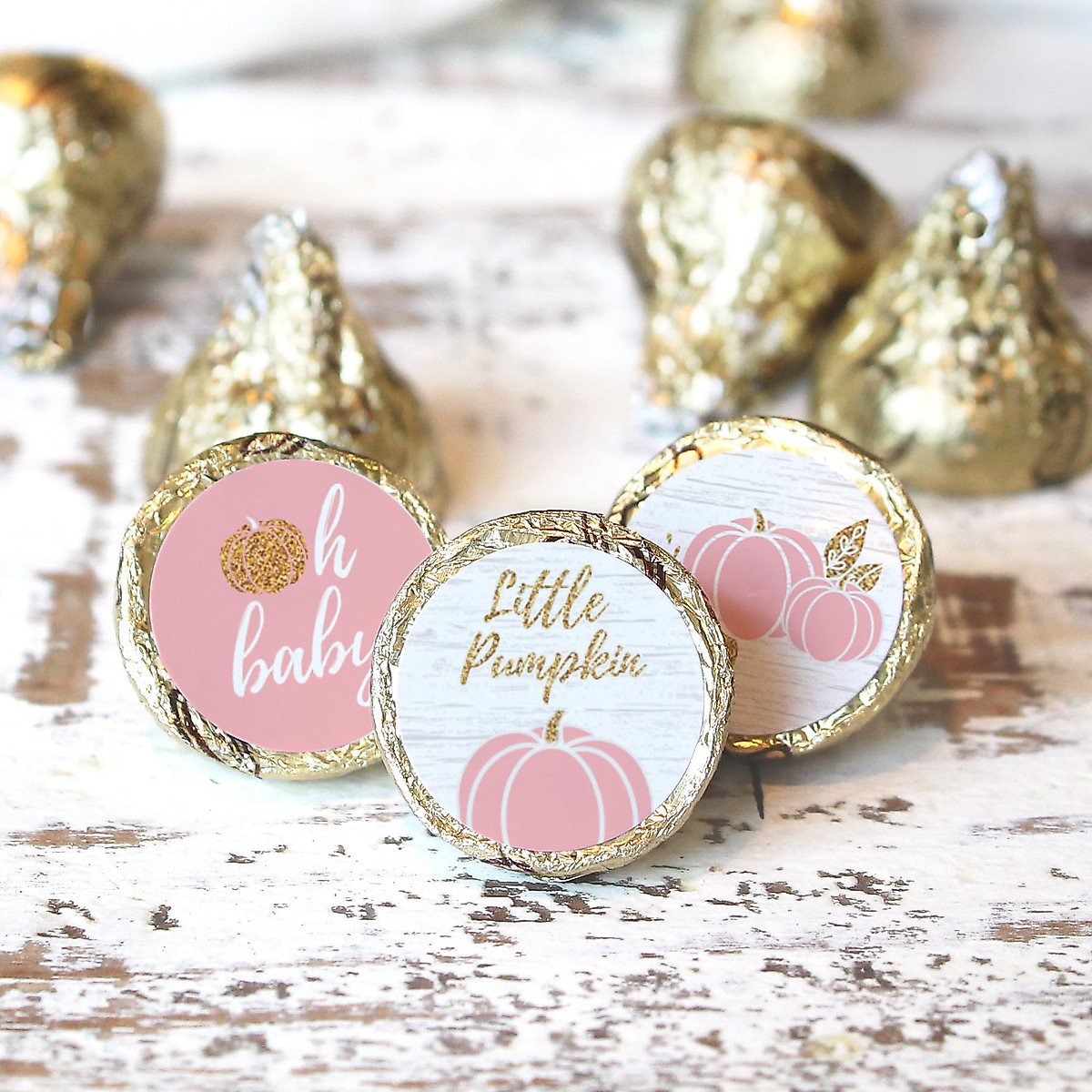 Pink Little Pumpkin Girl Baby Shower Kisses Candy Stickers, Fall Girl Baby Shower Party Favor Stickers - 180 Labels