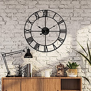 Large Wall Clock Metal Retro Roman Numeral Clock, Modern Round Clocks Almost Silent, Easy to Read for Living Room/Home/Kitchen/Bedroom/Office/School Decor (Black, 16 Inch)