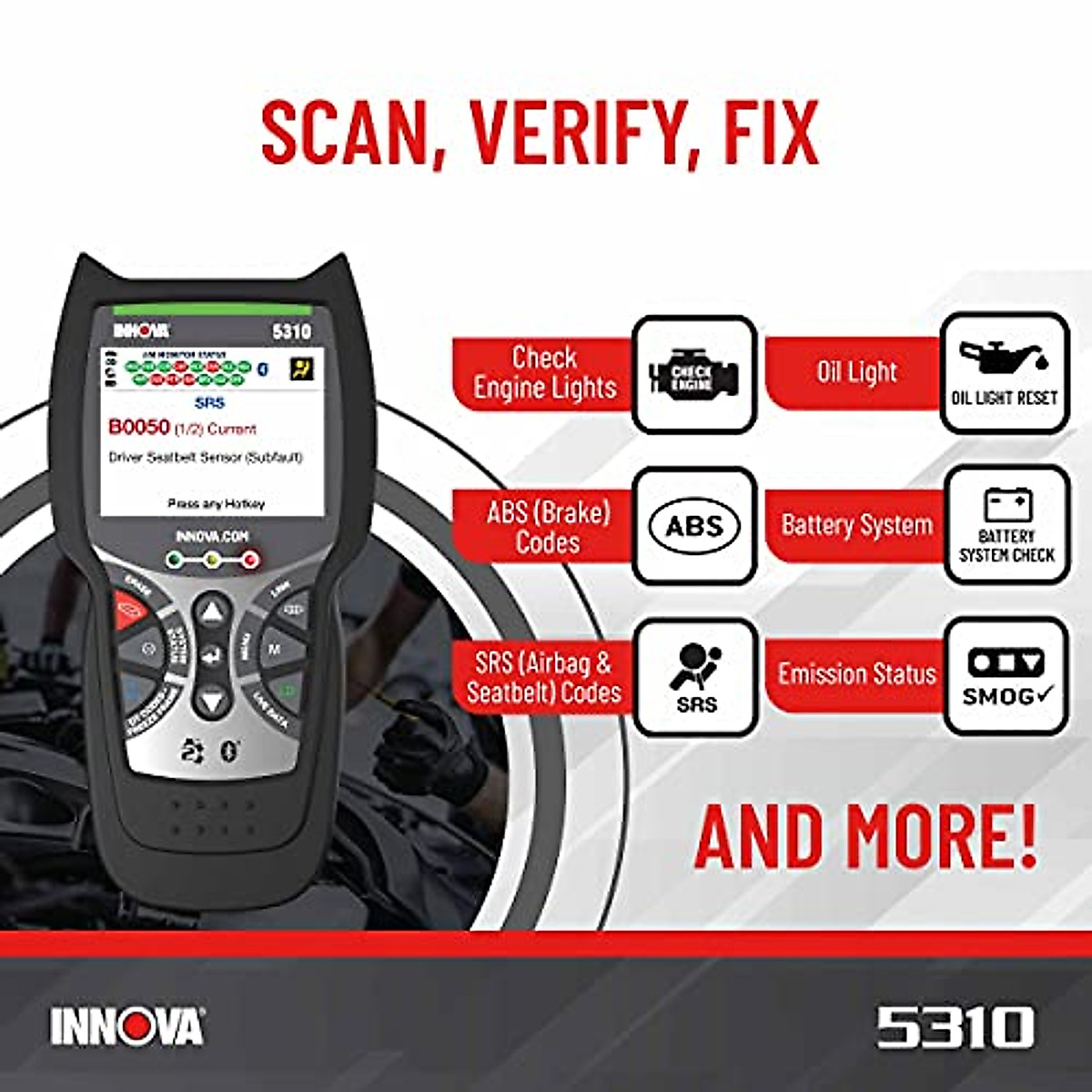 INNOVA 5310 - OBD2 Scanner Diagnostic Tool - Read/Erase ABS/SRS Codes, Reset Oil Light, Live Data, Battery/Alternator Test