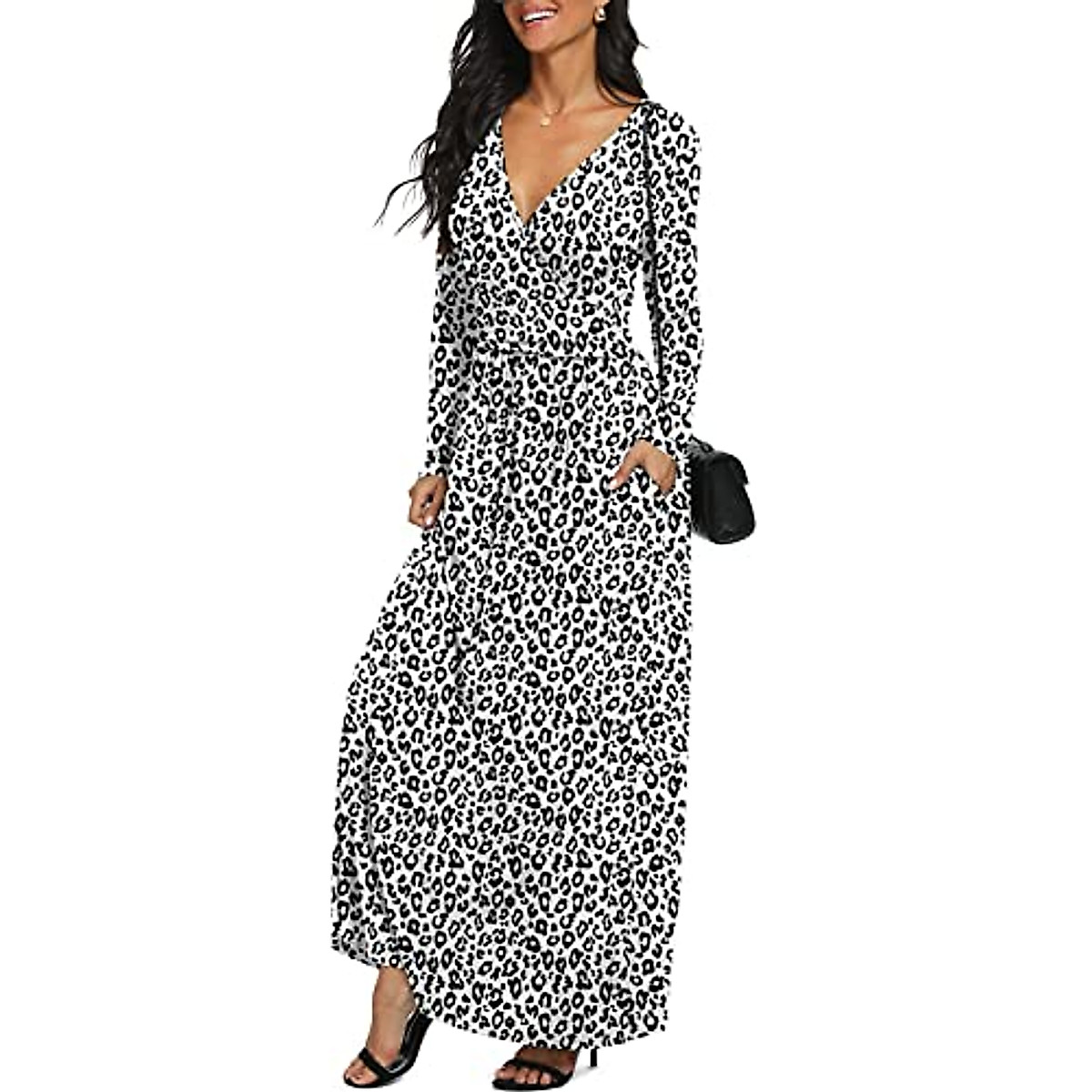 LILBETTER Women Long Sleeve Deep V Neck Loose Plain Long Maxi Casual Dress(F Leopard White, XX-Large)