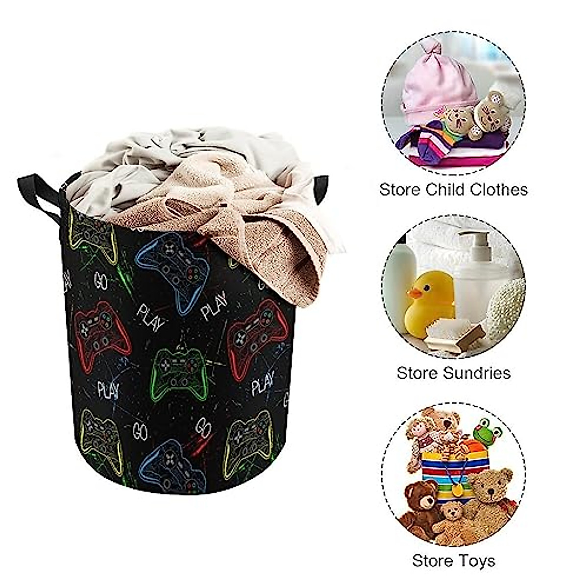 LynaRei Laundry Hamper Neon Game Joystick Dirty Clothes Storage Basket Video Game Player Collapsible Waterproof Toy Organizer for Boys And Girls Bedrooms, Bathroom
