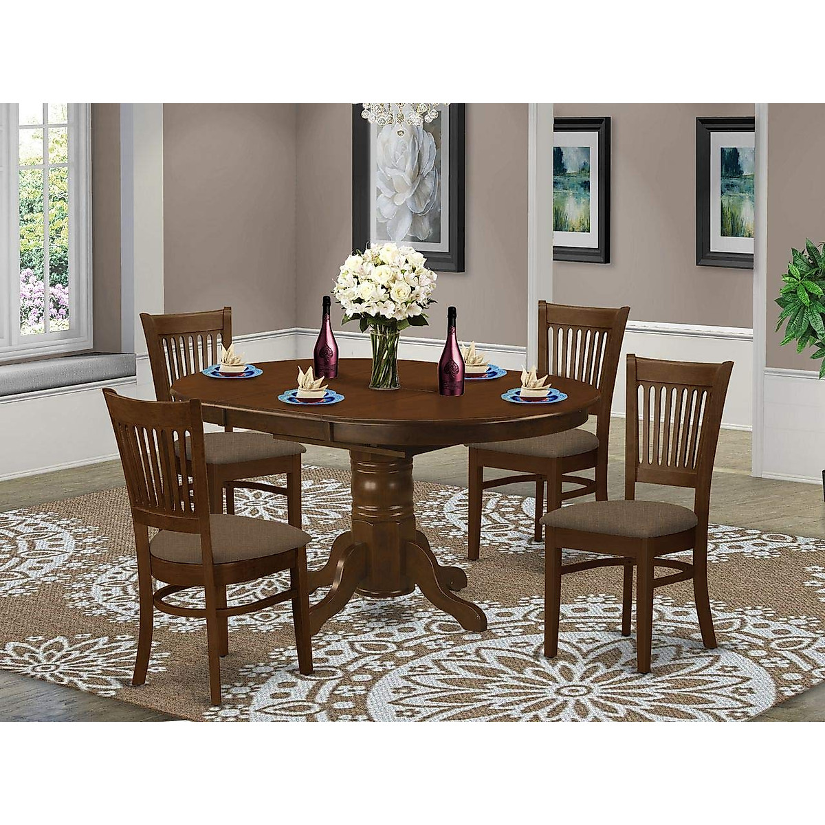 East West Furniture KEVA5-ESP-C 5 Piece Kitchen Table & Chairs Set Includes an Oval Dining Room Table with Butterfly Leaf and 4 Linen Fabric Upholstered Chairs, 42x60 Inch, Espresso