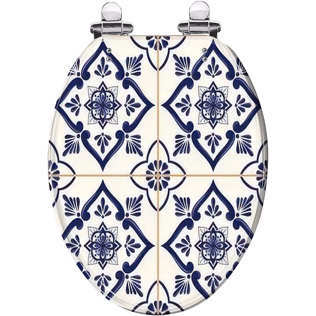 Elongated Toilet Seat Spanish tile pattern seamless blue white ornament Portuguese mexican Resin Toilet Seat Quietly Slow Close with Quick-Release Hinges Toilet Seat with Cover Easy to Clean Install