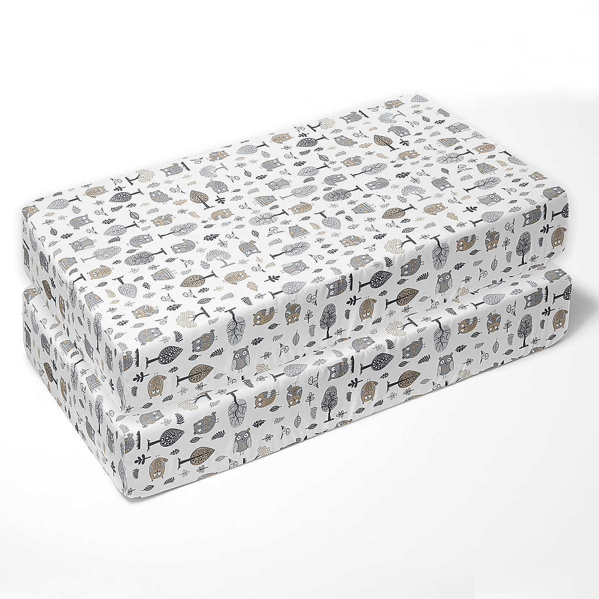 Bacati - 2 Pack Crib Fitted Sheets - Owls Neutral Beige/Grey Soft Breathable 100% Cotton Percale Baby Sheets - Fits Standard 28 x 52 X 5 inches Crib & Toddler Mattresses