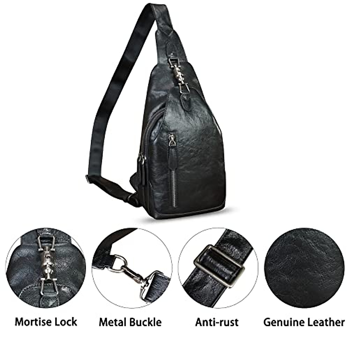 FEIGITOR Genuine Leather Sling Bag Retro Crossbody Sling Backpack Handmade Chest Shoulder Bag Daypack Purse Fanny Pack (Black)