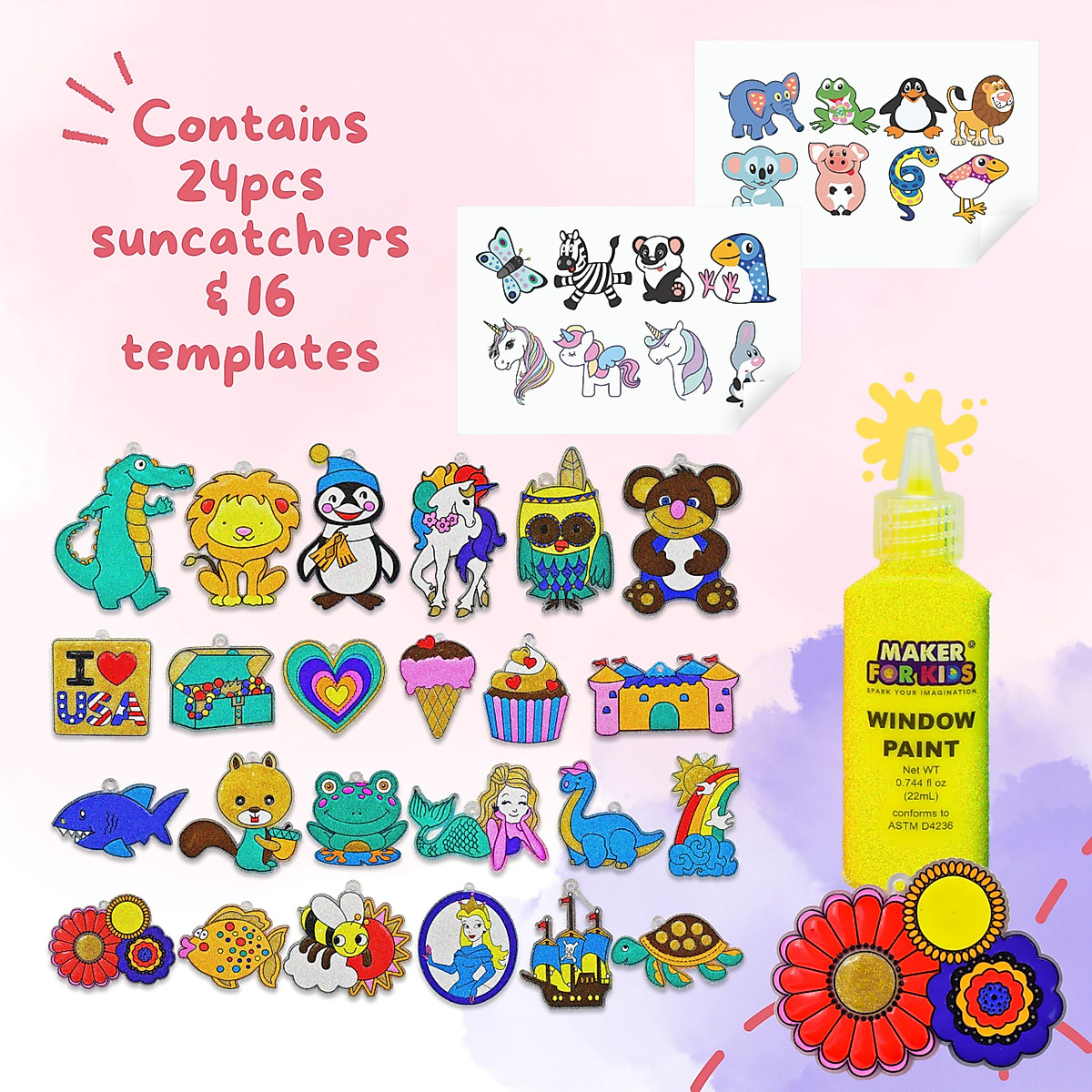 Create Your Own Suncatchers for Window Hanging – 24-Pack Window Glitter Art Suncatcher Kit with 12 Colors – Arts and Crafts for Kids