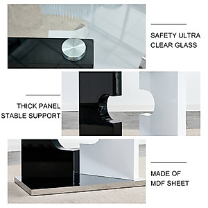 63 inch Glass Dining Table for 6 or 4, Modern Dining Room Table with Tempered Glass Tabletop and Double Pedestal Base, Large Rectangular Kitchen Table for Dining Room Banquet (Black&White)