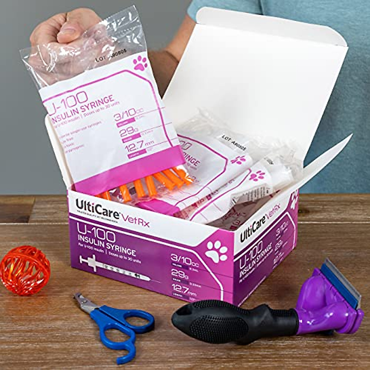 UltiCare VetRx U-100 Pet Insulin Syringes, Comfortable and Accurate Dosing of Insulin for Pets, Compatible with Any U-100 Strength Insulin, Size: 3/10cc, 29G x 1/2’’, 100 ct Box