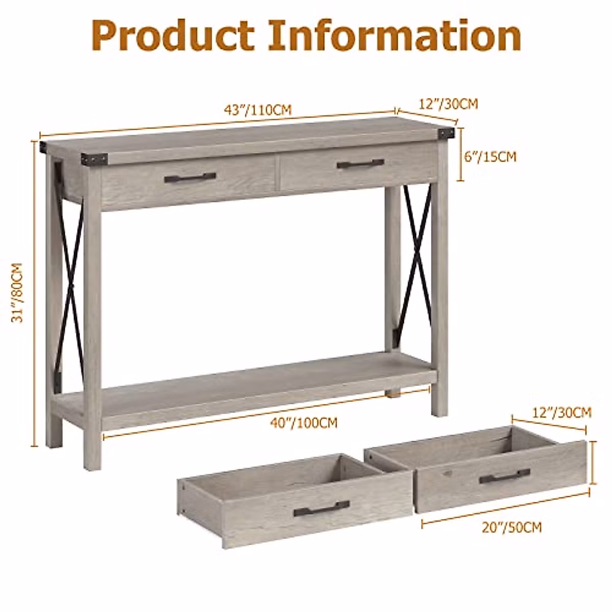 IDEALHOUSE Console Table with 2 Drawers, Farmhouse Entryway Table with Storage Shelf, Accent Wood Sofa Table for Living Room, Hallway, Foyer-Grey