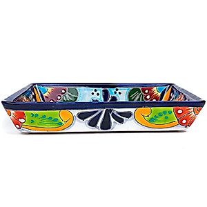 Enchanted Talavera Pottery Hand Painted Ceramic Rectangle Serving Platter Dish Appetizer Plate Tray Food Mexican Floral Pattern Party Fiesta Thanksgiving Jewelry Holder (Medium 9.5 x 7.5 x 1.75)