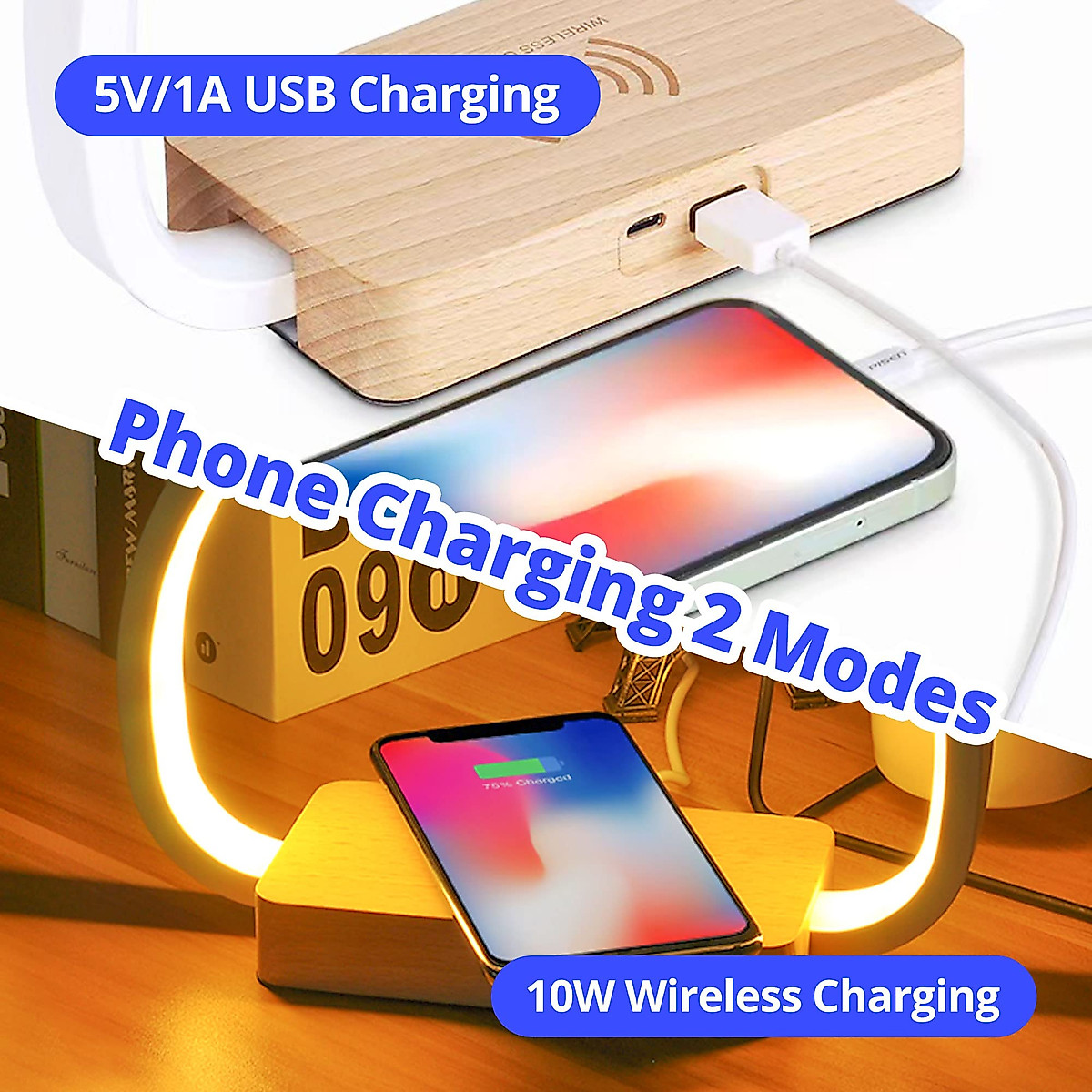 Sparkling Wonderful Bedside Table Lamp with Qi Wireless Charging & USB Port, Touch Control Desk Lamp with 3 Color Modes, Night Light Eye-Caring Reading Lamp for Bedroom, Dorm, Office