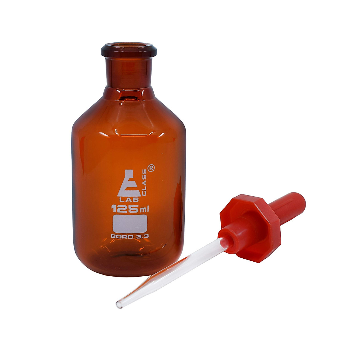 EISCO Dropping Bottle, 125ml (4.2oz) - Amber Borosilicate 3.3 Glass - Eye Dropper Pipette and Dust Proof Rubber Bulb - Octagonal, Non-Screw Top