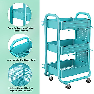 DESIGNA Heavy Duty 3-Tier Metal Rolling Cart,Utility Storage Cart With DIY Pegboard,Craft Art Carts Trolley Organizer with Handle and Extra Office Storage Accessories for Kitchen Office Home,Turquoise