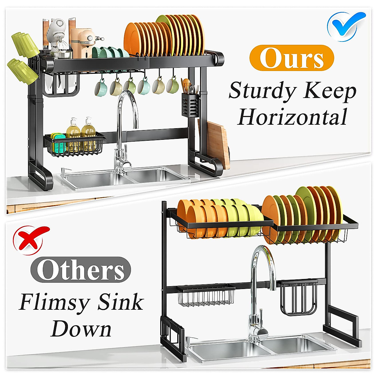 Over The Sink Dish Drying Rack, 2 Tier Adjustable Length (18.9" to 33.5") Sturdy Kitchen Counter Dish Rack Organizer, Black