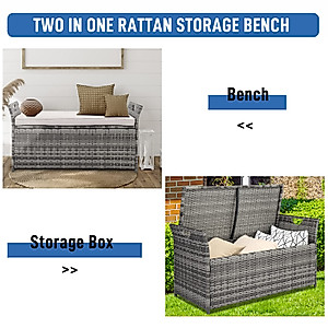 Pinikuyiro 33 Gallon Outdoor Storage Bench with Cushion, Outdoor Wicker Storage Box, Patio Deck Box with Seat, for Garden, Balcony, Poolside, Grey