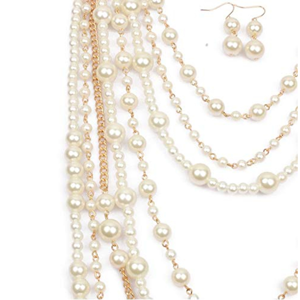 Askana Women's Vintage Retro Classic Style 1920s Fashion Faux Simulate Pearls White Beads Long Multi-layer Layered Statement Strands Necklace with Earrings