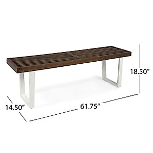 Christopher Knight Home Joa Patio Dining Bench, Acacia Wood with Iron Legs, Modern, Contemporary, Dark Brown and White, Wash