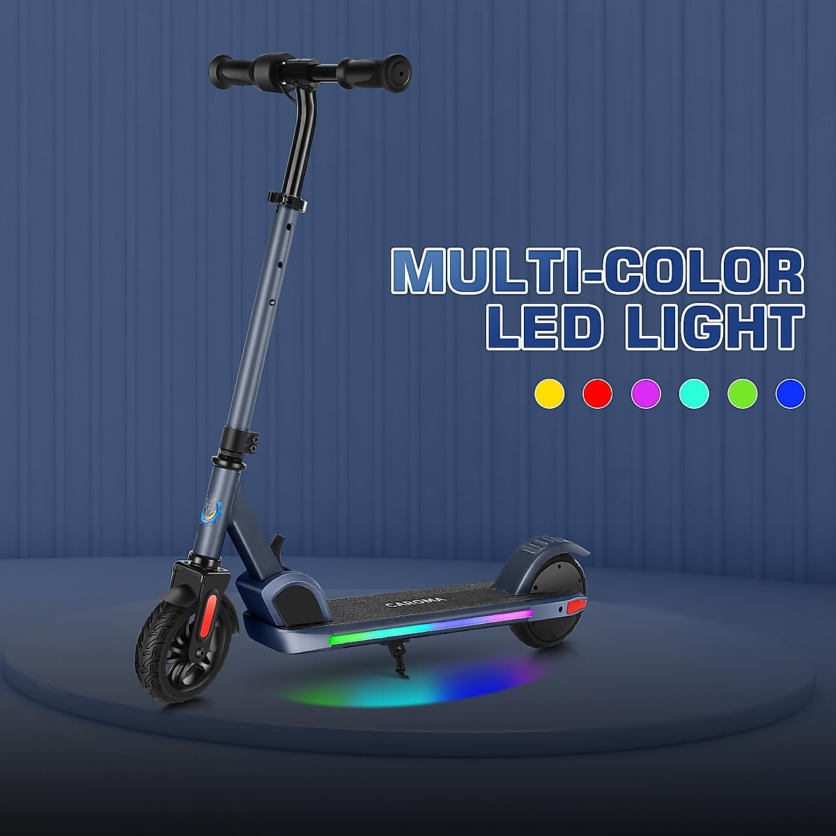 Caroma Electric Scooter for Kids Ages 8-12, 150W Foldable Kids Electric Scooter, Max 7 Miles & 10 Mph, LED Display, Colorful Lights, Adjustable Height, Lightweight Electric Scooter for Kids Teens