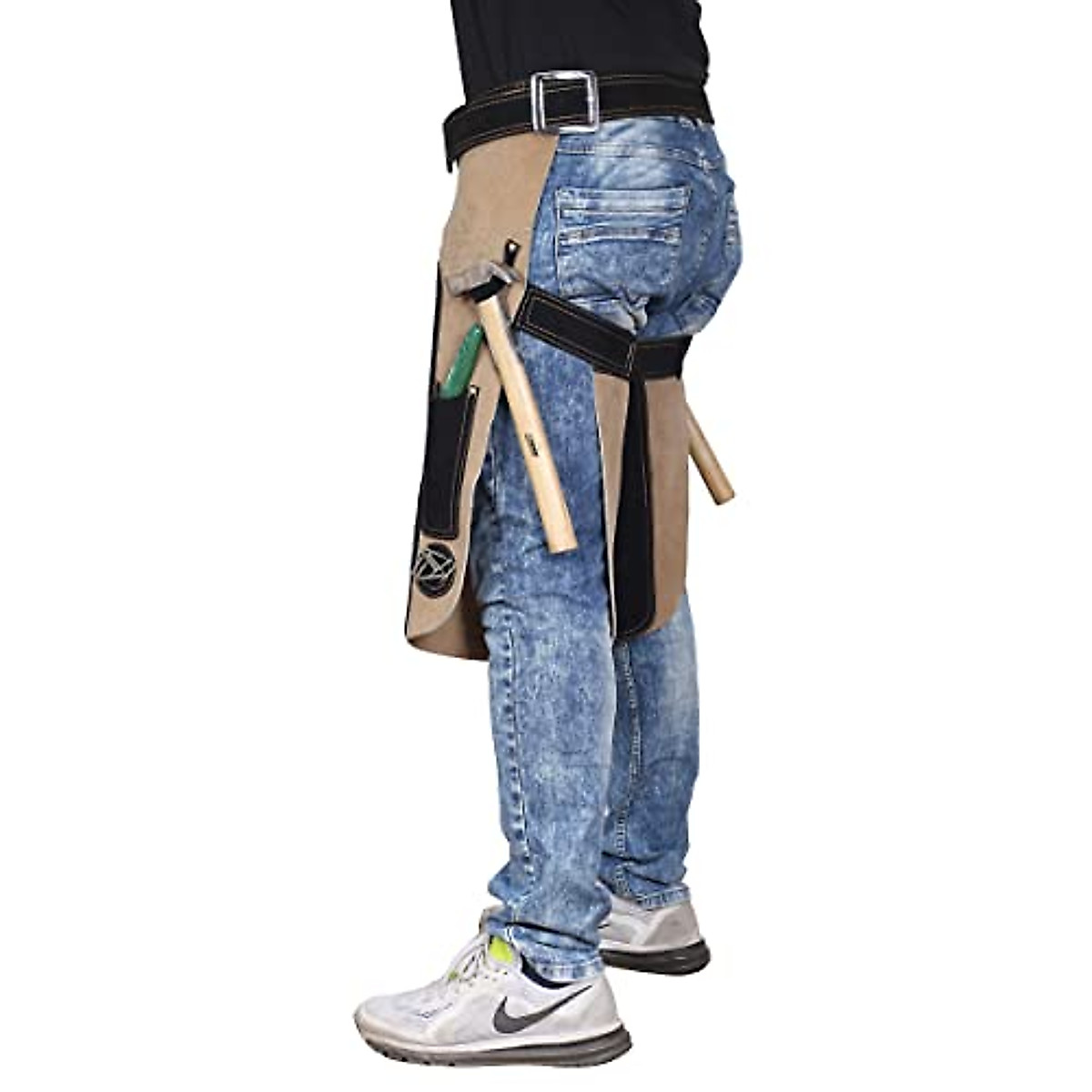 Rekhi International Professional Farrier Apron Chaps, Horse shoe, Leather for men, Black on Beige, 25'' inches 63 cm