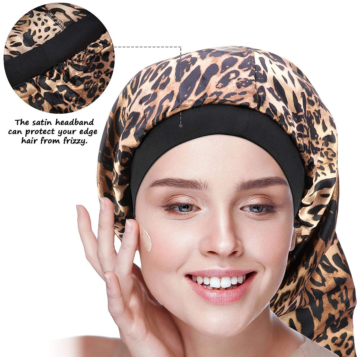 2 Pieces Sleeping Bonnet for Braids, Long Satin Bonnet Sleep Cap Soft Elastic Band Loose Cap Bonnets for Long Hair, Braids, Dreadlocks, Curly Hair (Leopard Print)