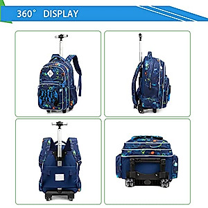 JSMNIAI Kids Rolling Backpack for Boys Backpack with Wheels Trolley School Bags Trip Luggage with Lunch Box for Elementary Boys Travel Suitcase