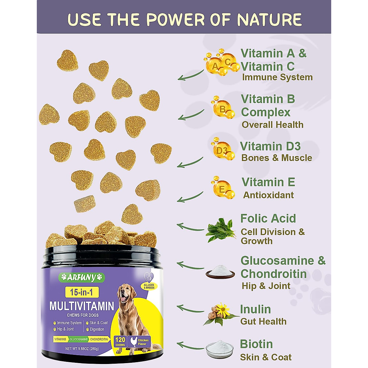 15 in 1 Dog Multivitamin Supplement - Dog Vitamins for Immune System, Digestion, Hip & Joint, Skin & Coat - Multivitamin Chews for Dog with Glucosamine & Chondroitin - Chicken Flavor, 120 Chews