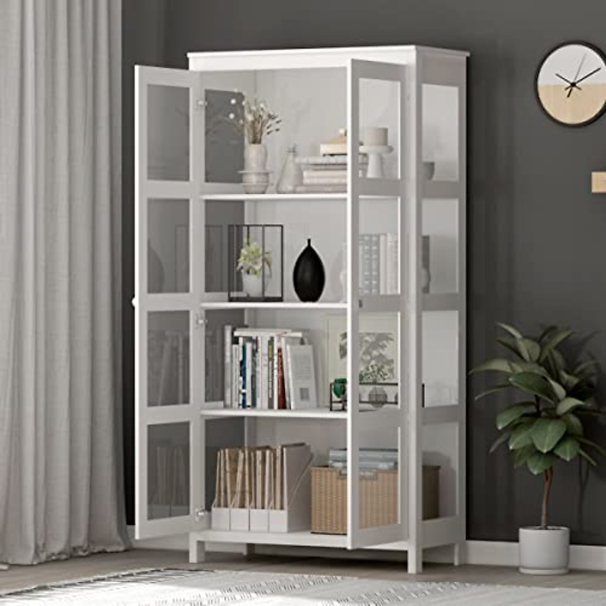 AIEGLE 5-Shelf Bookcase, Tall Display Shelf with 2 Acrylic Doors, Wooden Tall Bookcase Bookshelf Storage Cabinet for Living Room, White (35.4" L x 16.5" W x 72.3" H)
