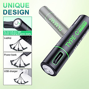 JWWYJ Lithium Rechargeable Batteries - 4Pack Smart Rechargeable AAA Batteries, Lithium Ion 1.5v 900mWh, 600 mAH, Type C Battery Charging Cable, LED Charge Indicator