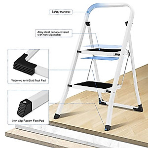 2 Step Ladder, Lightweight Folding Step Stools for Adults with Anti-Slip Pedal, Portable Sturdy Steel Ladder with Handrails, Perfect for Kitchen & Household, 330 lbs Capacity, White