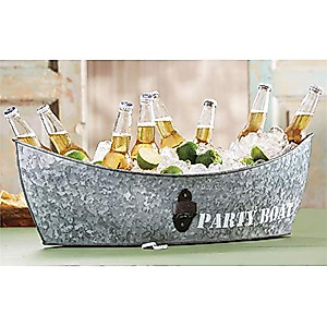 Mud Pie Tin Boat Party Drink Tub with Bottle Opener, 8 1/2" x 28", 28x8.5, Silver