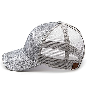 C.C Hatsandscarf Ponytail caps Messy Buns Trucker Plain Baseball Cap (BT-6) (Glitter-Grey)