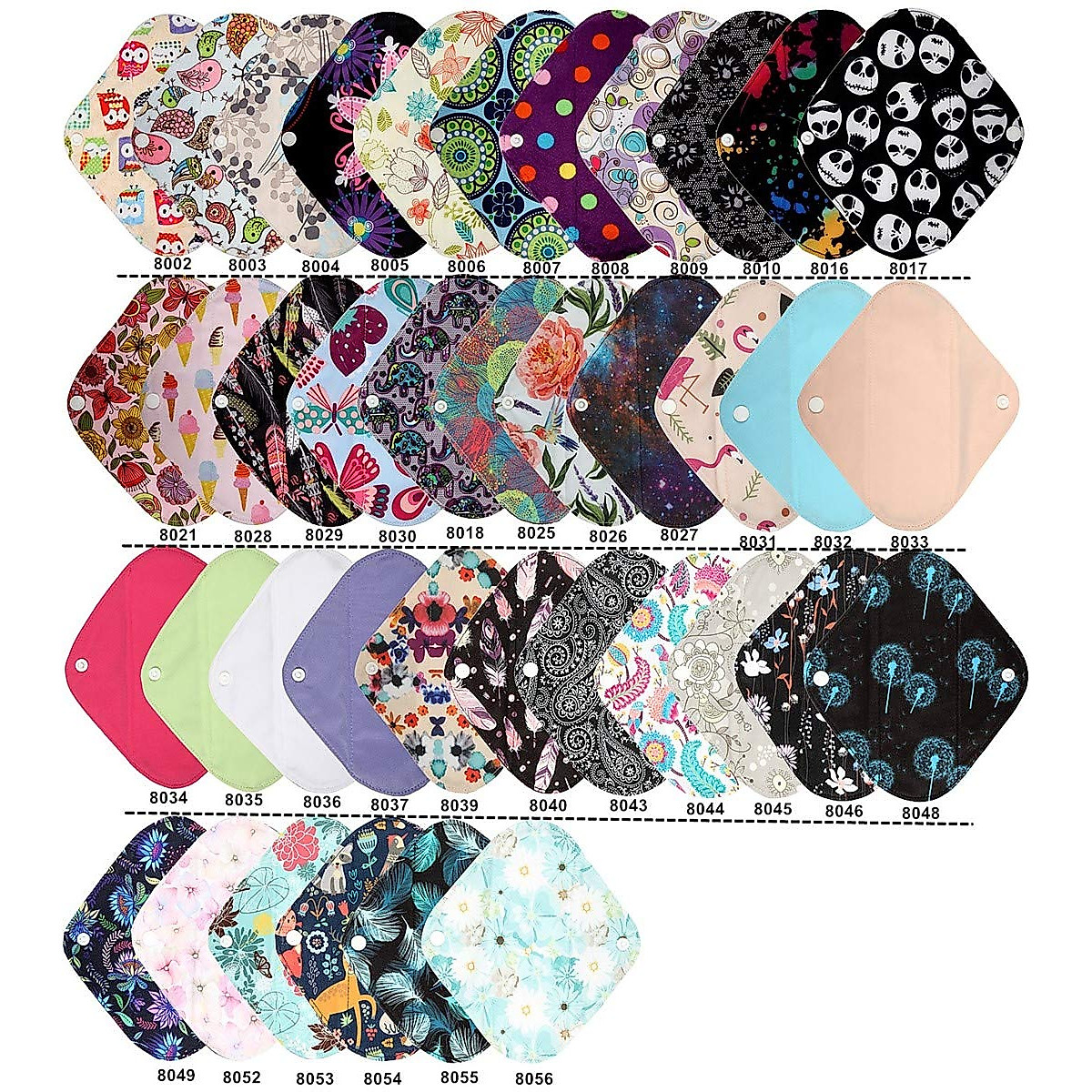 6 Pieces 8 Inch Charcoal Bamboo Mama Cloth/Menstrual Pads/Reusable Sanitary Pads/Panty Liners - You Choose 6 from 19 Designs and Email to Me