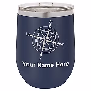 LaserGram Double Wall Stainless Steel Wine Glass Tumbler, Compass Rose, Personalized Engraving Included (Navy Blue)