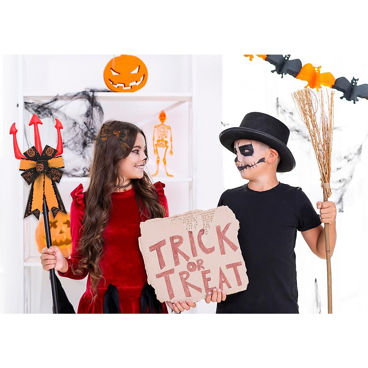 Threetols 2 Rolls 10 Yards Halloween Wired Edge Ribbon, 2.5inch Black Orange Glitter Pumpkin Burlap Ribbon, Orange Velvet Ribbon for Halloween Party DIY Craft Home Wreaths Bow Decor