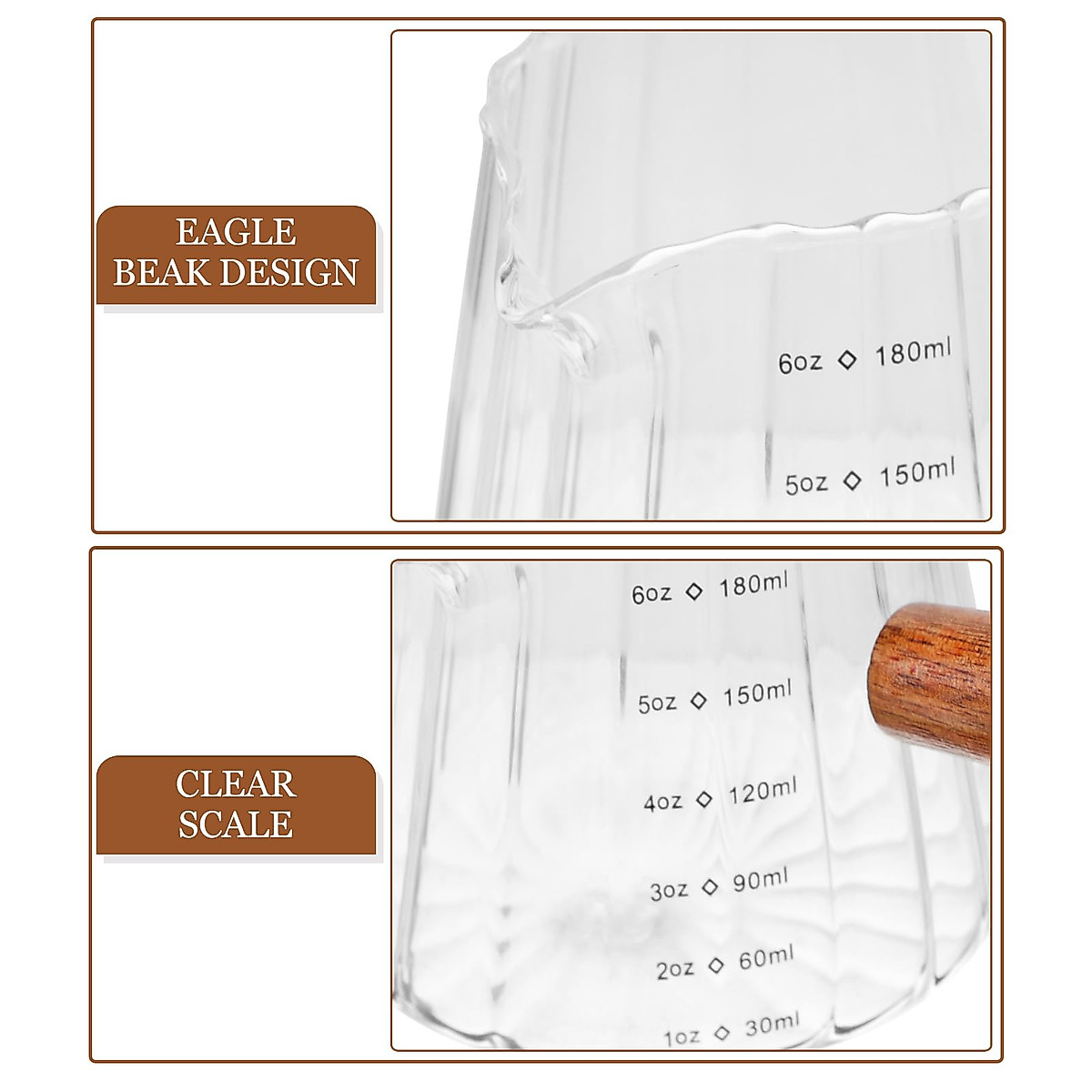 Espresso Shot Glass Measuring Cup 6Oz Triple Pitcher Milk Cup with Wood Handle Glass Side Pour Tea Pot Coffee Replacement Carafes for Milk Espresso Making