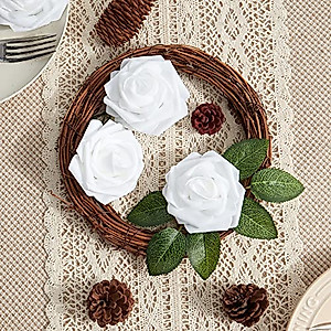 H.FLOLAVIDA White Foam Rose Artificial Flowers Heads with Stems, 25pcs Fake Flowers for DIY Wedding Decor, Baby Shower, Bridal Shower, Wedding Bouquet,Party Centerpiece Table Decorations