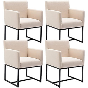 HNY Mid Century Modern Upholstered Dining Chairs with Arms Set of 4, Linen Accent with Black Finish Metal Frame, 19'' Wide for Living Room Kitchen Bedroom, Cream, Cream-linen-black Frame