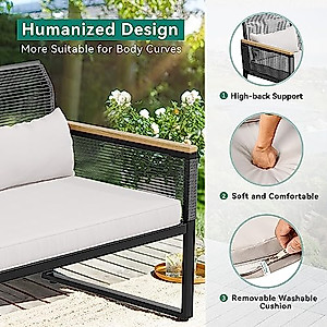 YITAHOME Patio Furniture Wicker Outdoor Loveseat, Rattan Conversation Loveseat for Backyard, Balcony and Deck with Wooden Armrest, Off-White Cushions (Black)
