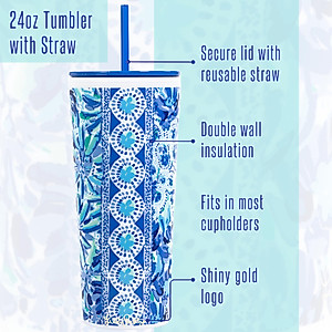 Lilly Pulitzer Blue Double Wall Tumbler with Lid and Reusable Straw, Insulated Travel Cup Holds 24 Ounces, High Manetenance