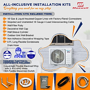 Klimaire 36,000 BTU 19 SEER2 Wall Mounted Ductless Mini Split Inverter A/C Heat Pump System w/ 16’ Installation Kit & Wall Mounting Bracket 230V