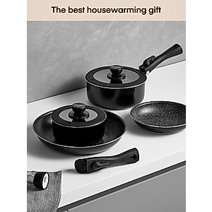 FOHERE 8pcs Pots and Pans Set with 2 Detachable Handles, Aluminum Nonstick Cookware Set, Induction Pan Set, RV Cookware Set, Oven Safe, Stackable