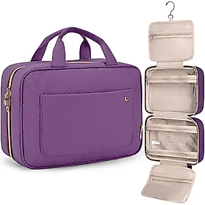 BAGSMART Toiletry Bag Travel Bag with Hanging Hook, Water-resistant Makeup Cosmetic Bag Travel Organizer for Accessories, Shampoo, Full Sized Container, Toiletries (Purple, Large)
