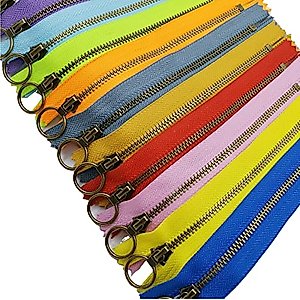 Metal Zippers 12pcs #3 Antique Brass Close-end Non-Separating Zippers Assorted Color for Purses Cosmetic Bags Pockets Handbags DIY Sewing 25cm/10inch