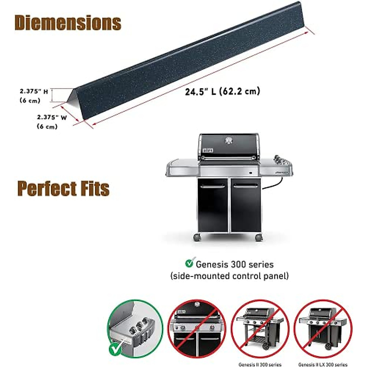 QuliMetal 24.5 Inch Flavorizer Bars and SUS304 34.5 Inch Grill Burner for Weber Genesis 300, E310 E320 S310 S320 (with Side Control Panels), Replaces Weber 7540 67722 67820