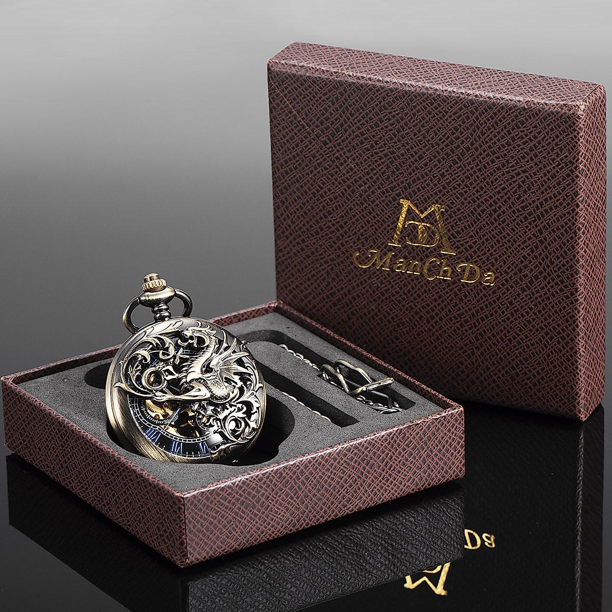 ManChDa Mens Antique Skeleton Mechanical Pocket Watch Dragon Hollow Hunter with Chain and Box