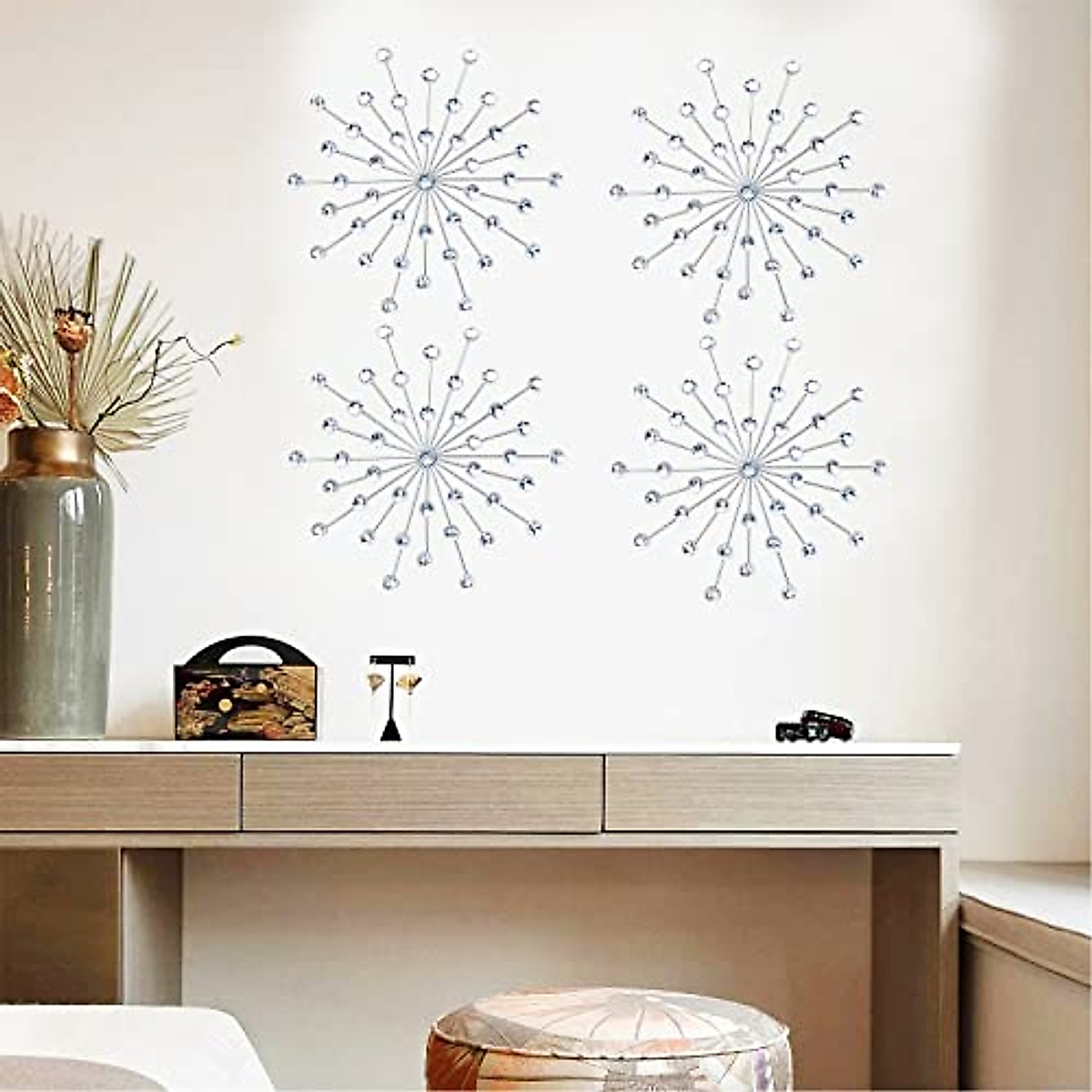 ZEXUIRU 3 Set Silver Metal Jeweled Wall Art Bling Crystal Home Décor Starburst Rhinestone Wall Hanging Diamond Accents